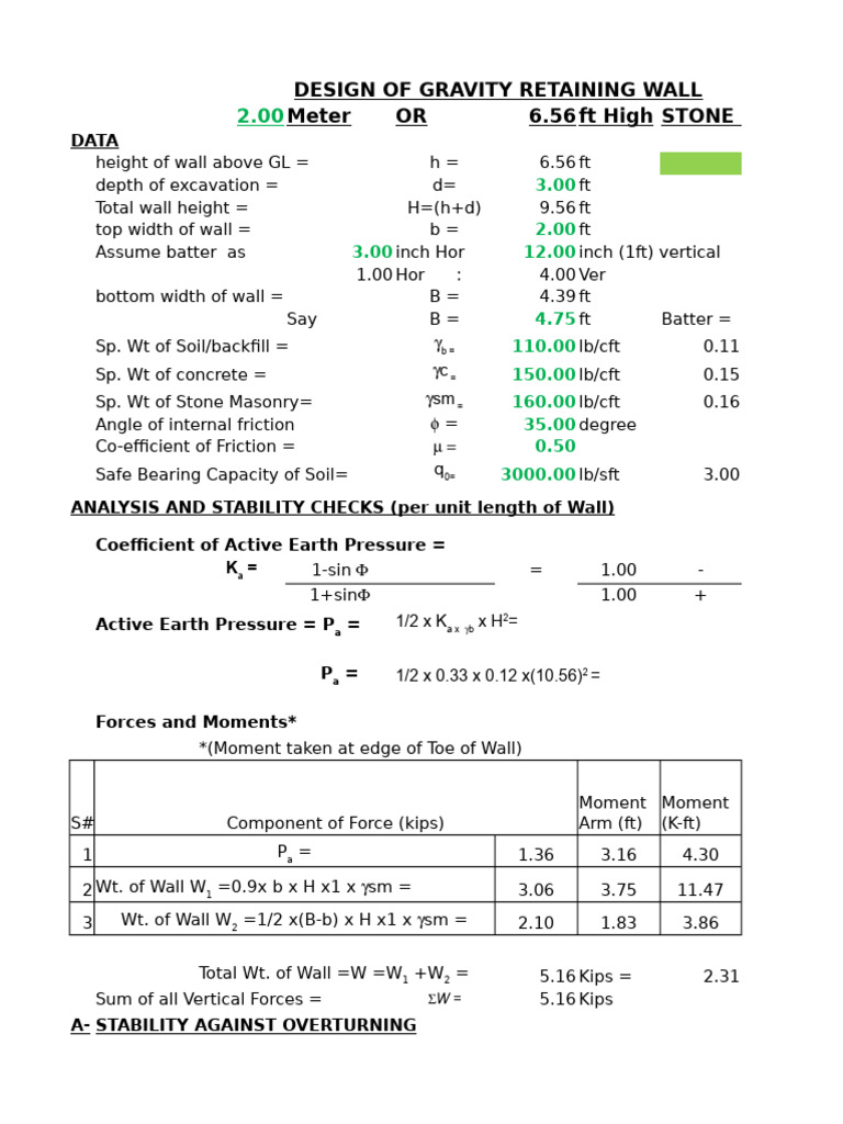 Pdfcoffee.com 3 m h Stone Masonry Retaining Wall Design Sheet Modified PDF Free | PDF | Civil ...