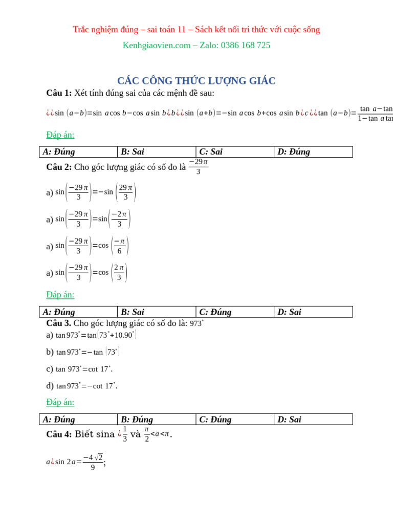 TN Dung Sai Toan 11 b2 Cac Cong Thuc Luong Giac | PDF