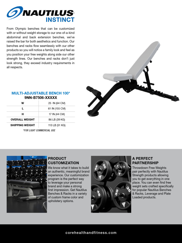 Nautilus Instinct Multi-Adjustable Bench 100 Product Sheet | PDF