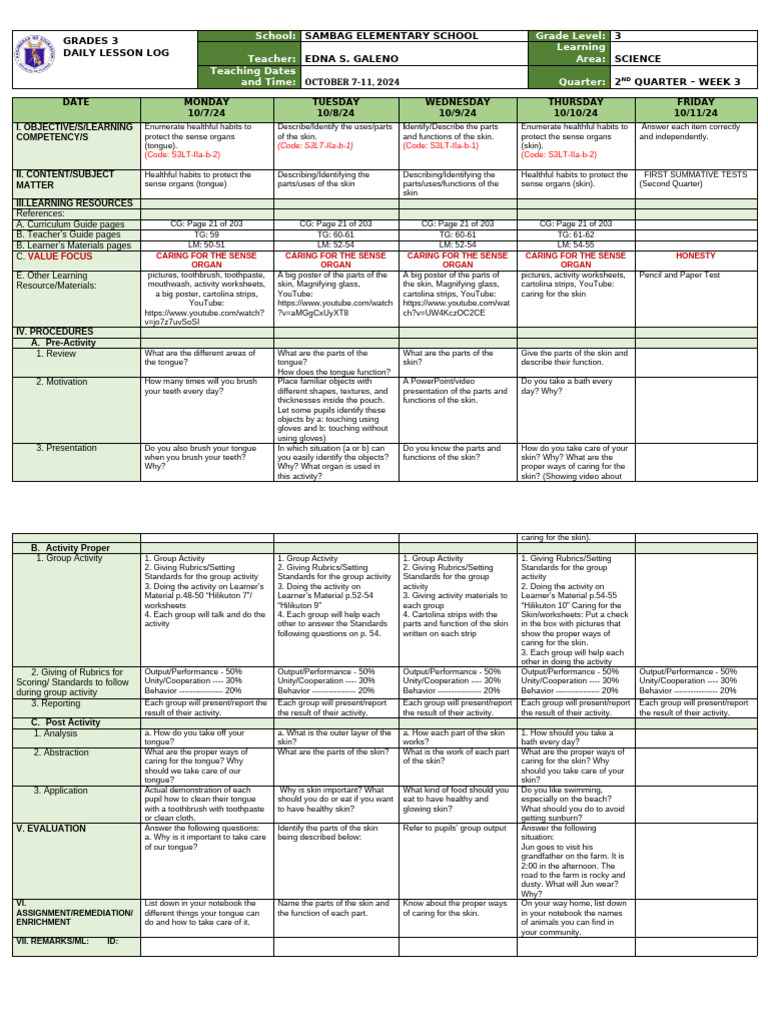 Q2-W3-Sci.3 DLL 2024-2025 | PDF | Cognition | Behavior Modification