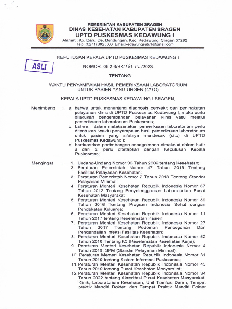 181. SK WAKTU PENYAMPAIAN HASIL PEMERIKSAAN LABORATORIUM UNTUK PASIEN ...