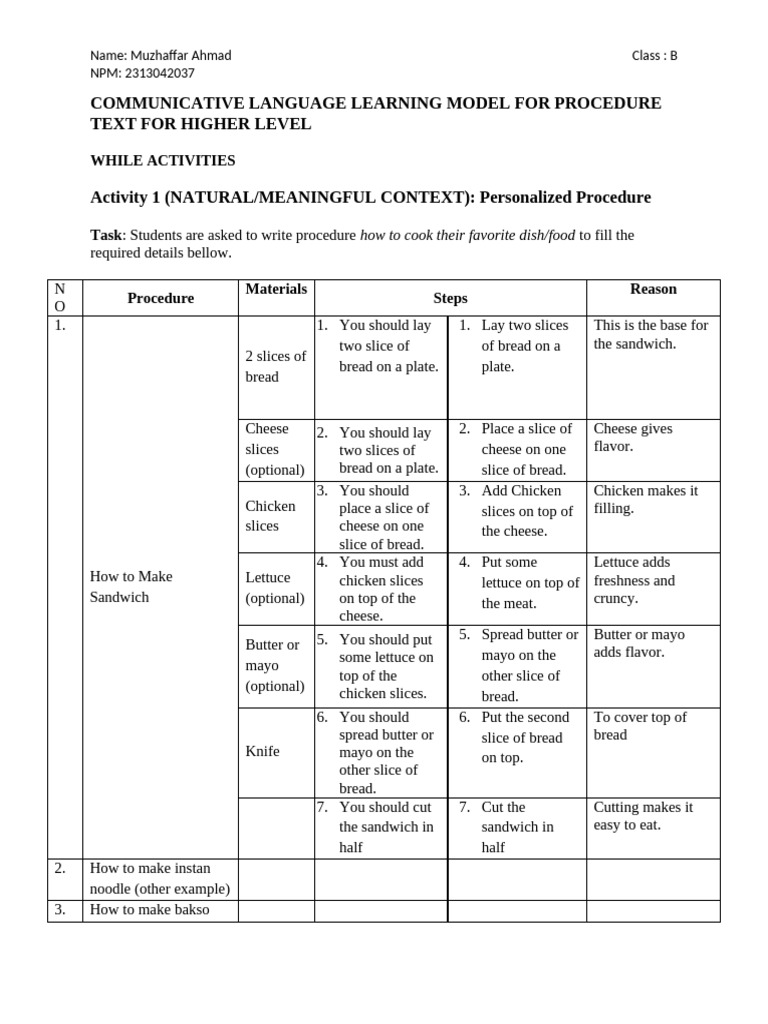 COMMUNICATIVE LANGUAGE LEARNING MODEL FOR PROCEDURE TEXT | PDF ...