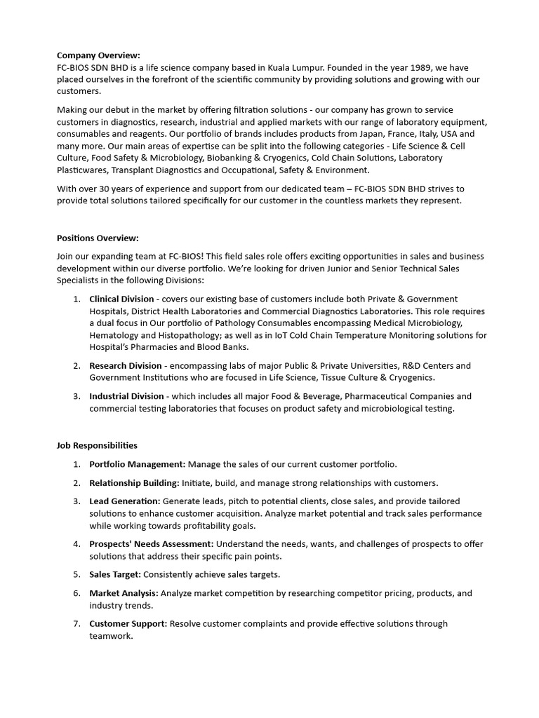 Senior Technical Sales Specialist | PDF | Sales | Laboratories