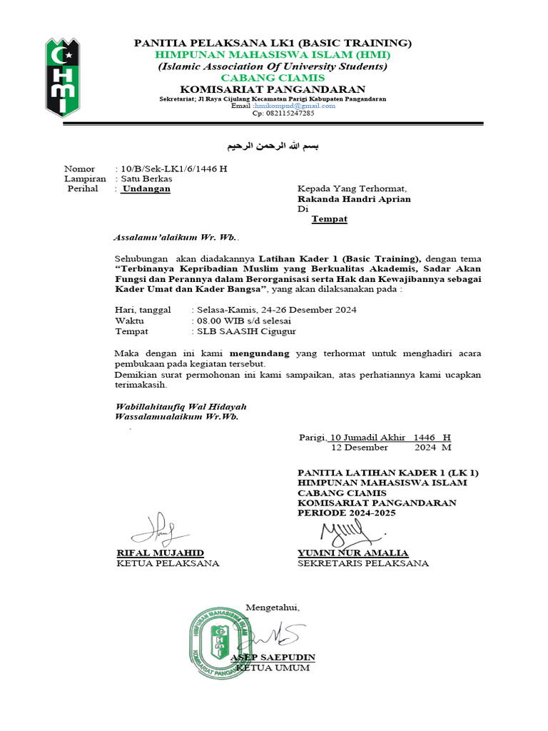 Surat Undangan Kahmi Handri Aprian | PDF