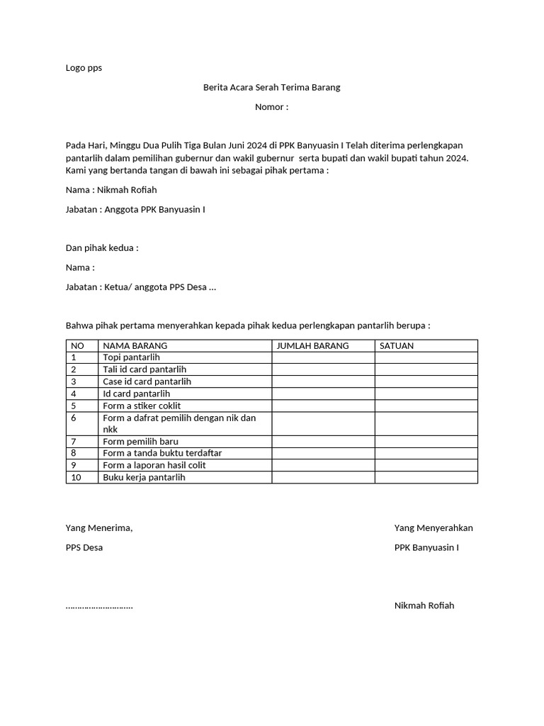 Serah Terima Perlengkapan Pantarlih 2024 | PDF