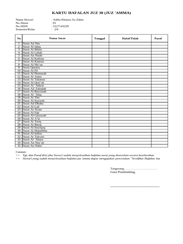 Kartu Hafalan Juz 30 Juz Amma | PDF