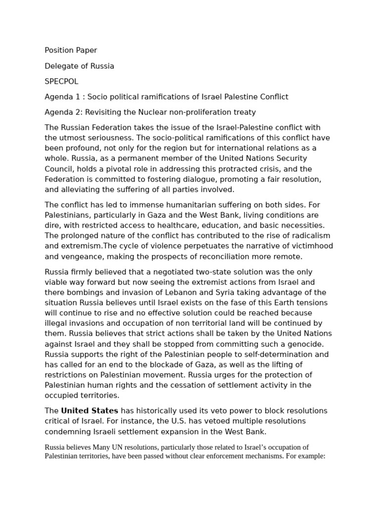 Delegate of Russia Position Paper (SPECPOL) | PDF | Treaty On The Non ...