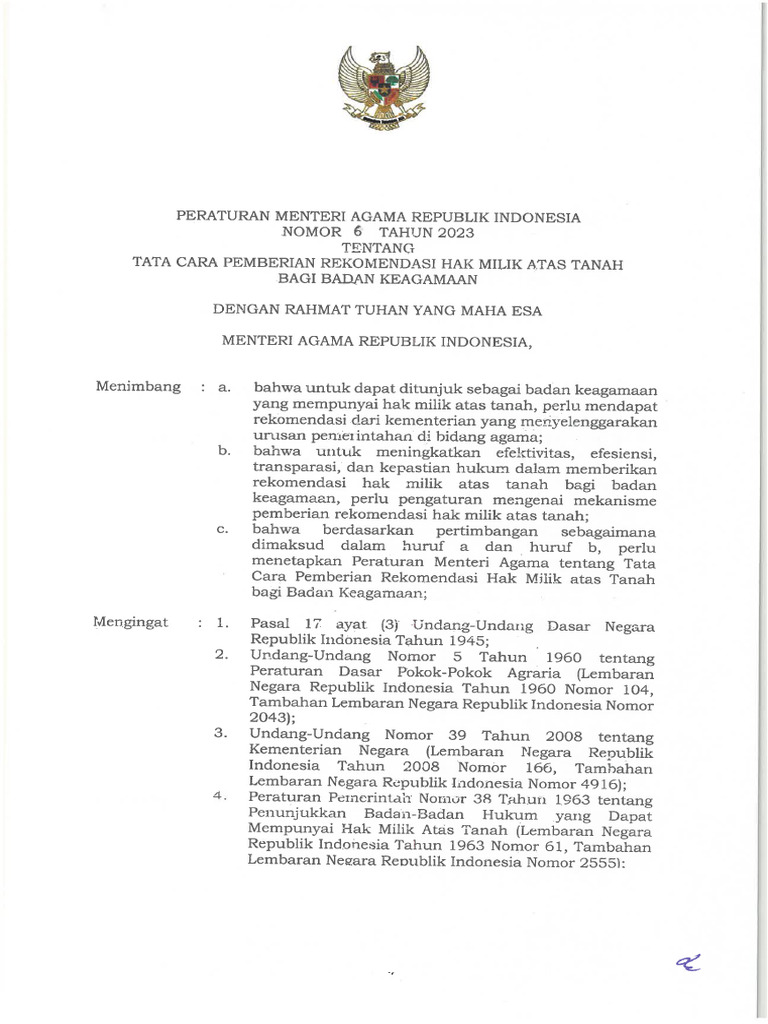 PMA 6 Tahun 2023 ttg Rekomendasi Hak Milik | PDF