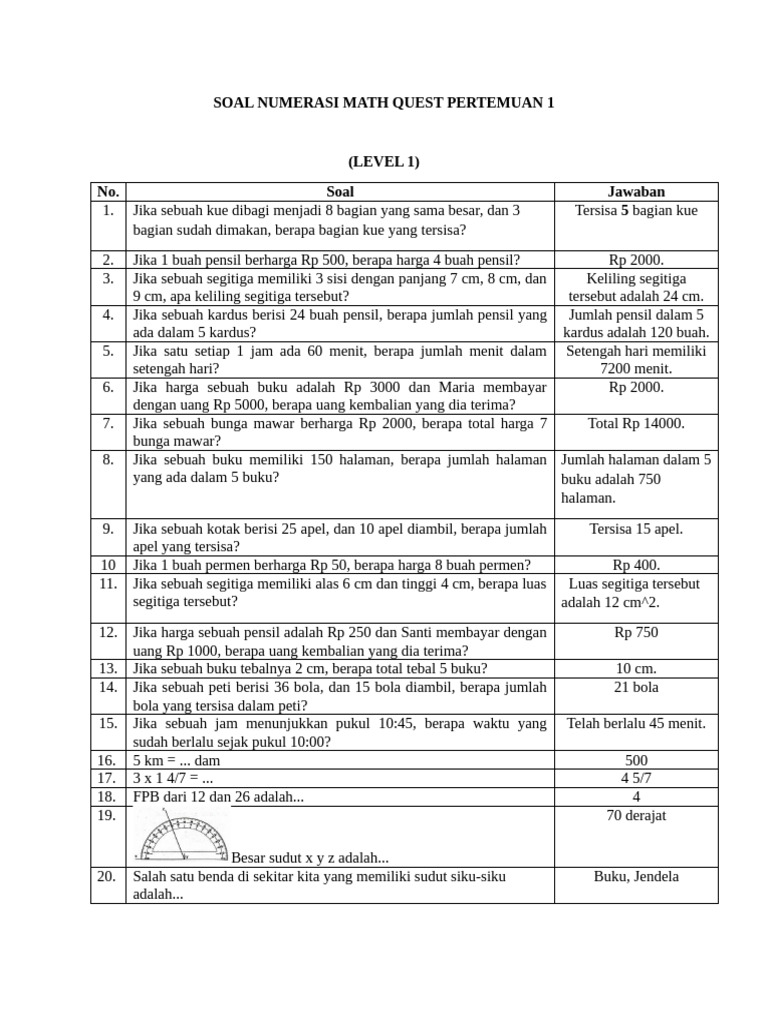 Soal Numerasi Math Quest Level 1-3 | PDF