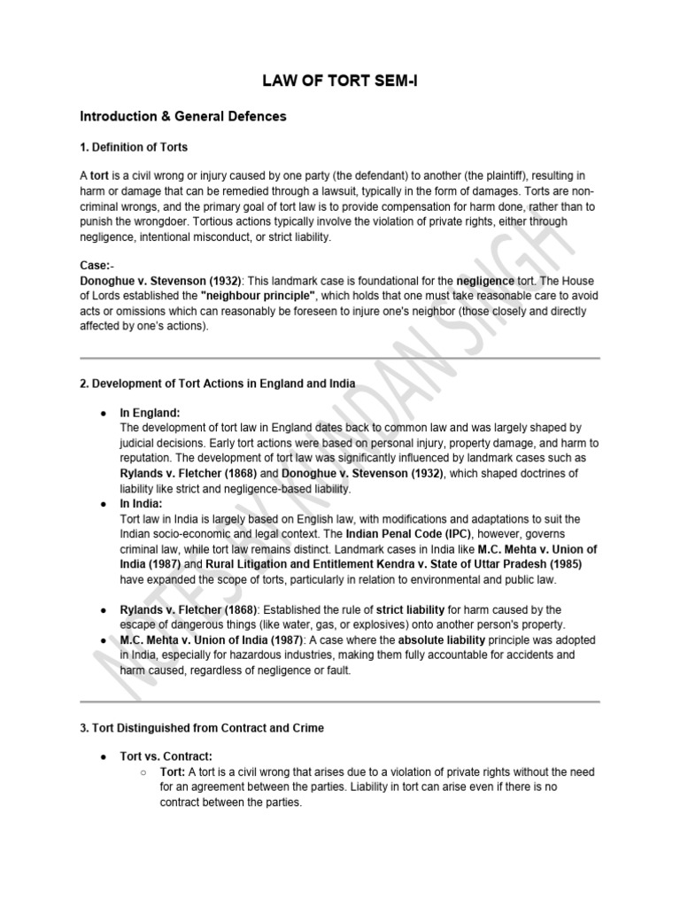 Law of Tort Notes Sem-I in English (By Kundan Singh) | PDF | Tort ...