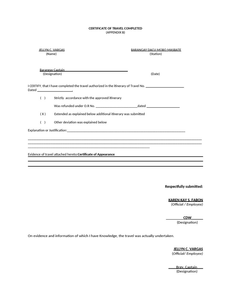 CERTIFICATE OF TRAVEL COMPLETED | PDF