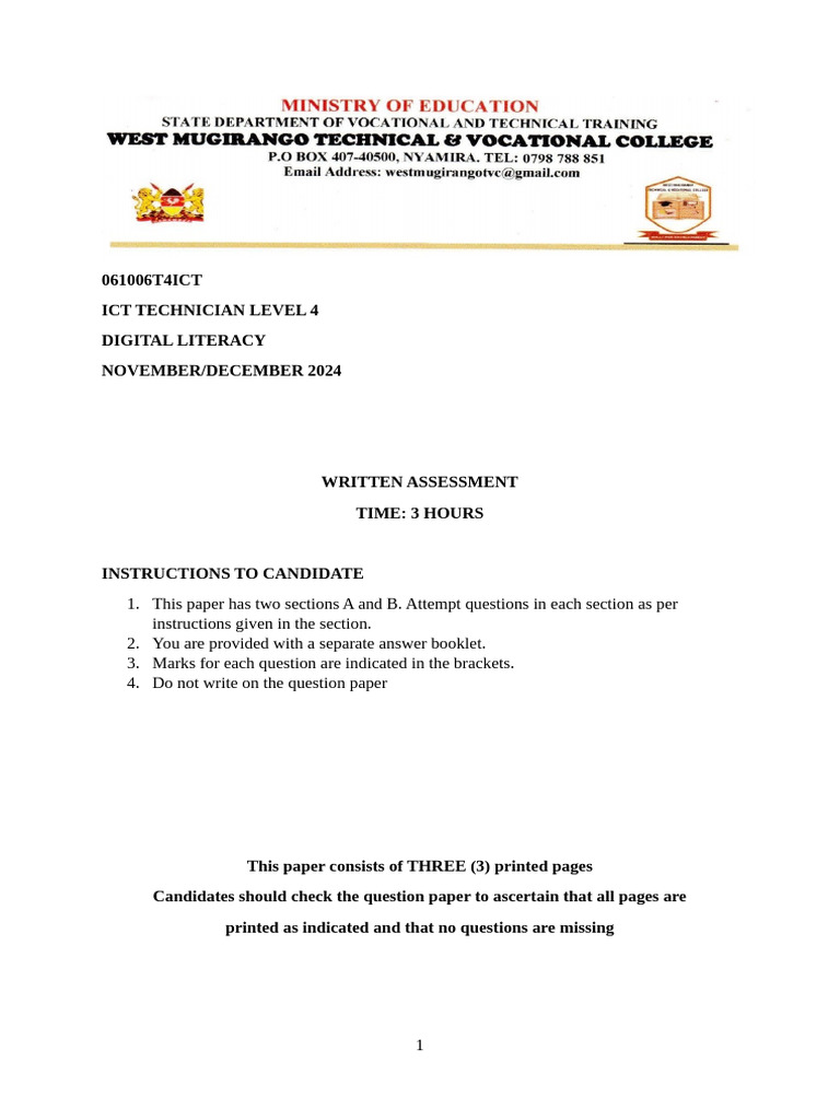 ICT Level 4 Digital Literacy Exam 2024 | PDF | Computer Network ...