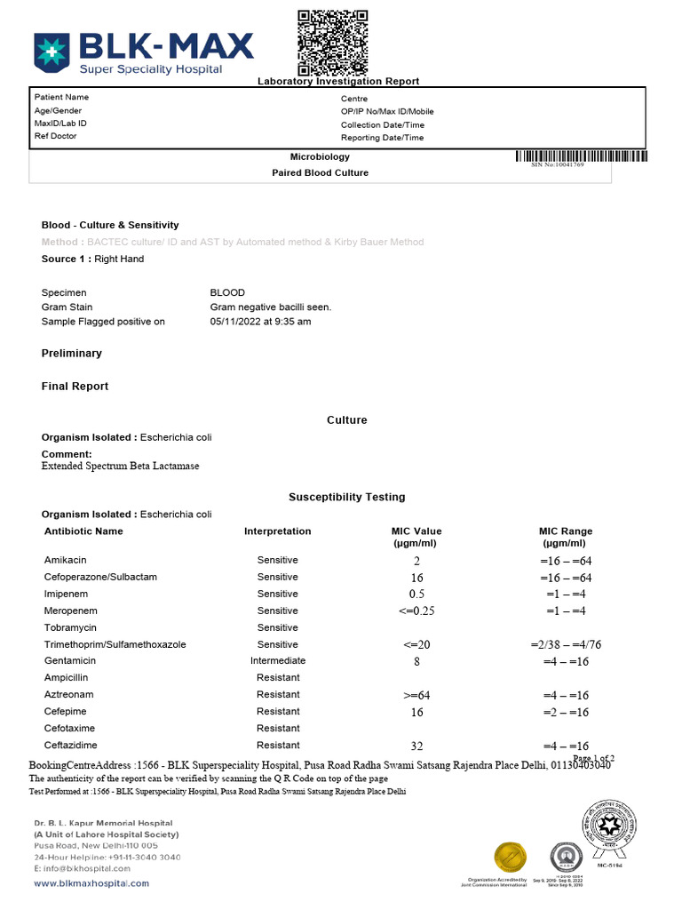 Blood Culture Report: E. coli Sensitivity | PDF | Beta Lactamase ...