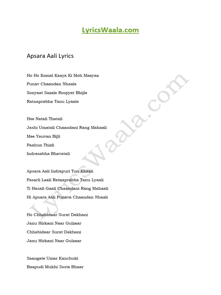 Apsara Aali Lyrics | PDF