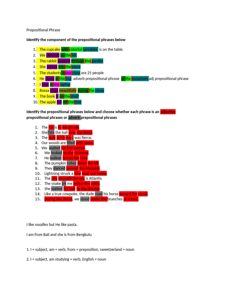Prepositional Phrase Exercise | PDF