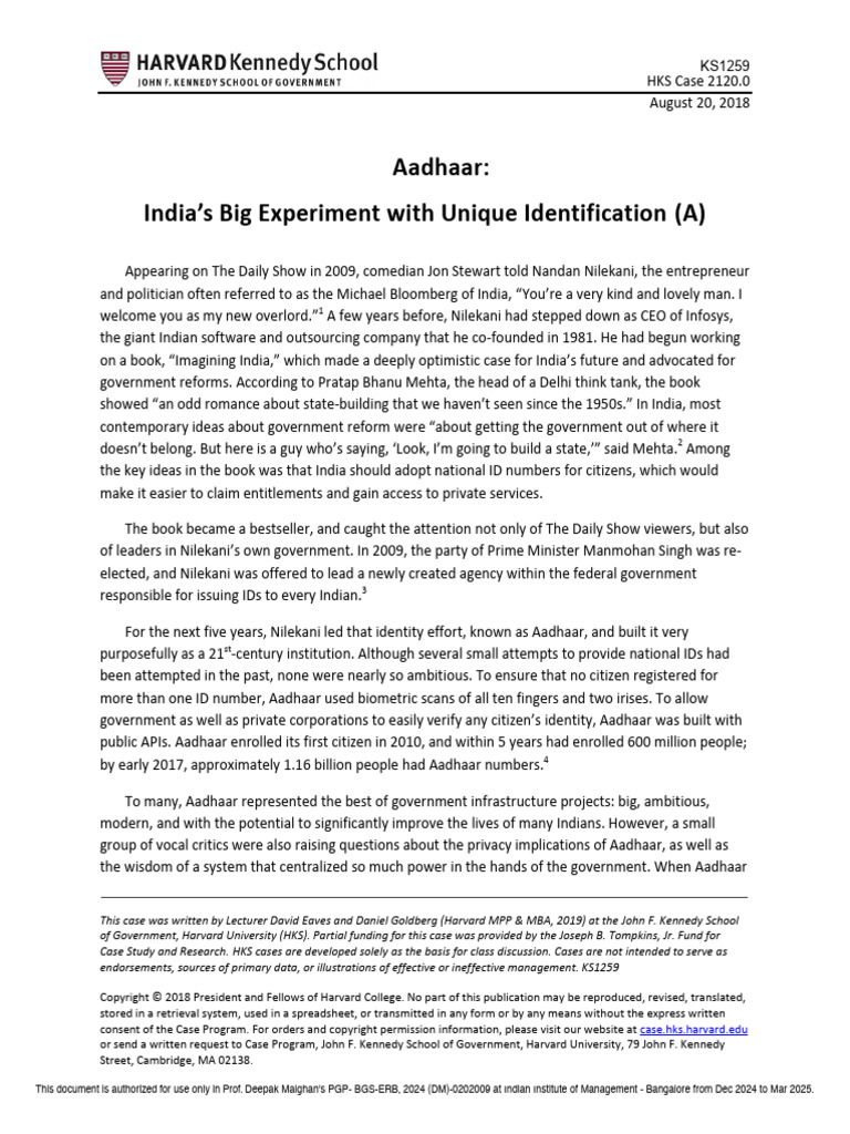 Aadhaar - India S Big Experiment With Unique Identification (A) | PDF ...
