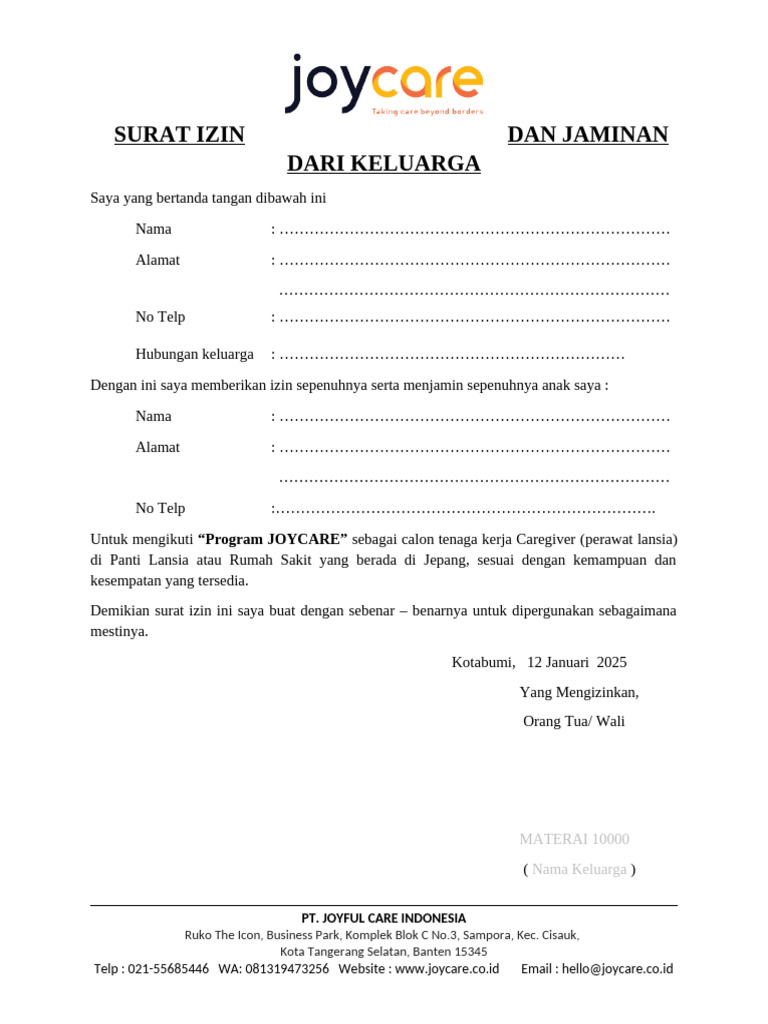 Joycare - Surat Izin Orang Tua Atau Wali Murid | PDF