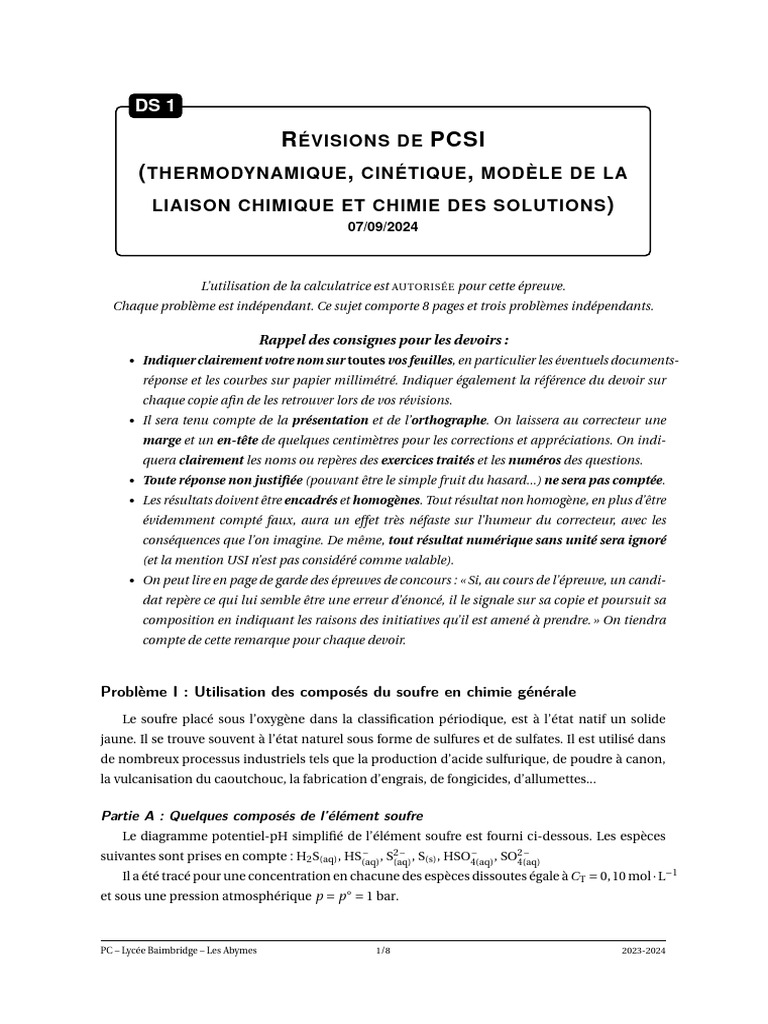 R Pcsi (, ,) : Évisions de Thermodynamique Cinétique Modèle de La Liaison Chimique Et Chimie Des ...