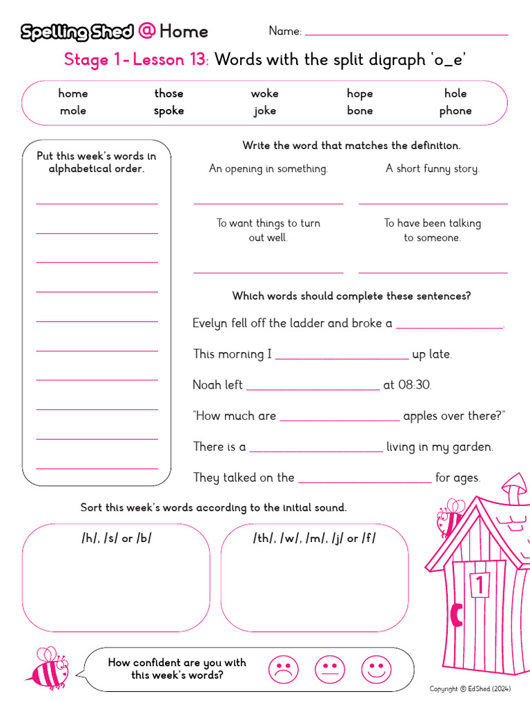 Stage 1 Lesson 13 words with the split digraph o_e - Homework Sheet | PDF