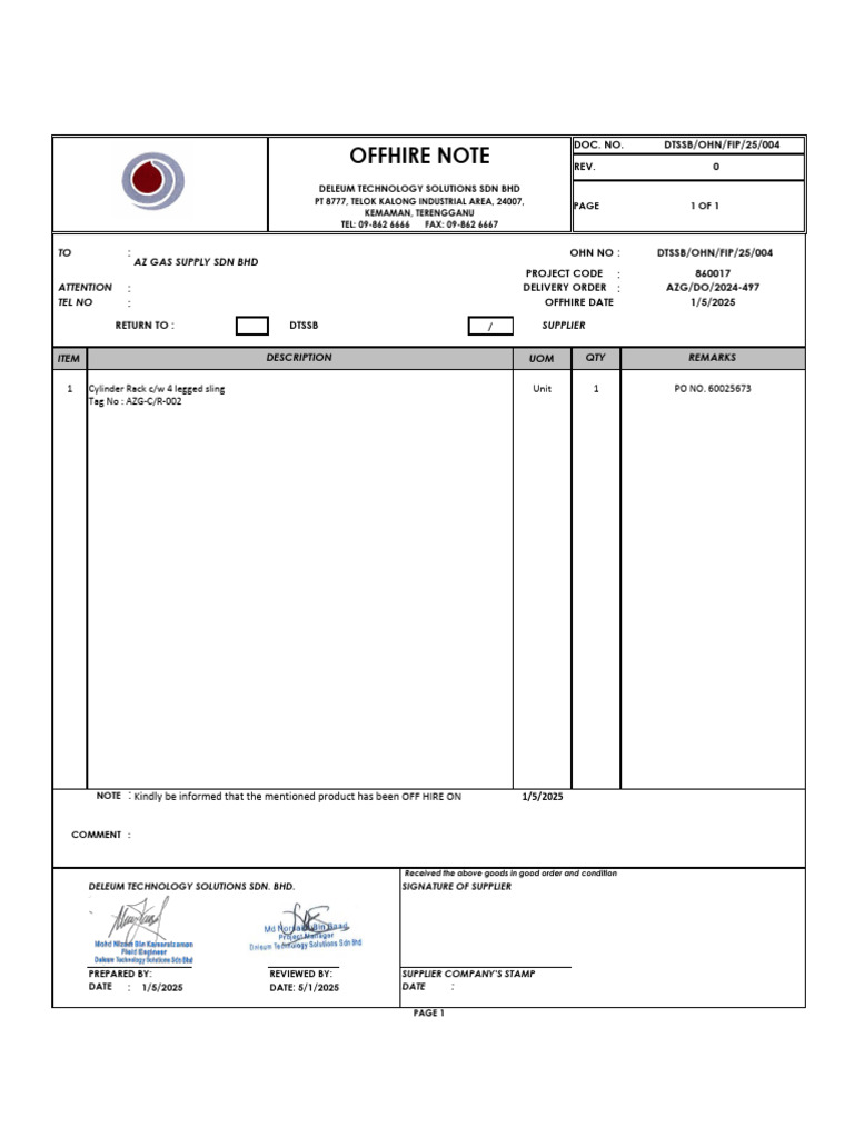 004 FIP OFFHIRE NOTE - Cylinder Rack - AZG CR 002 - DFIP001 | PDF