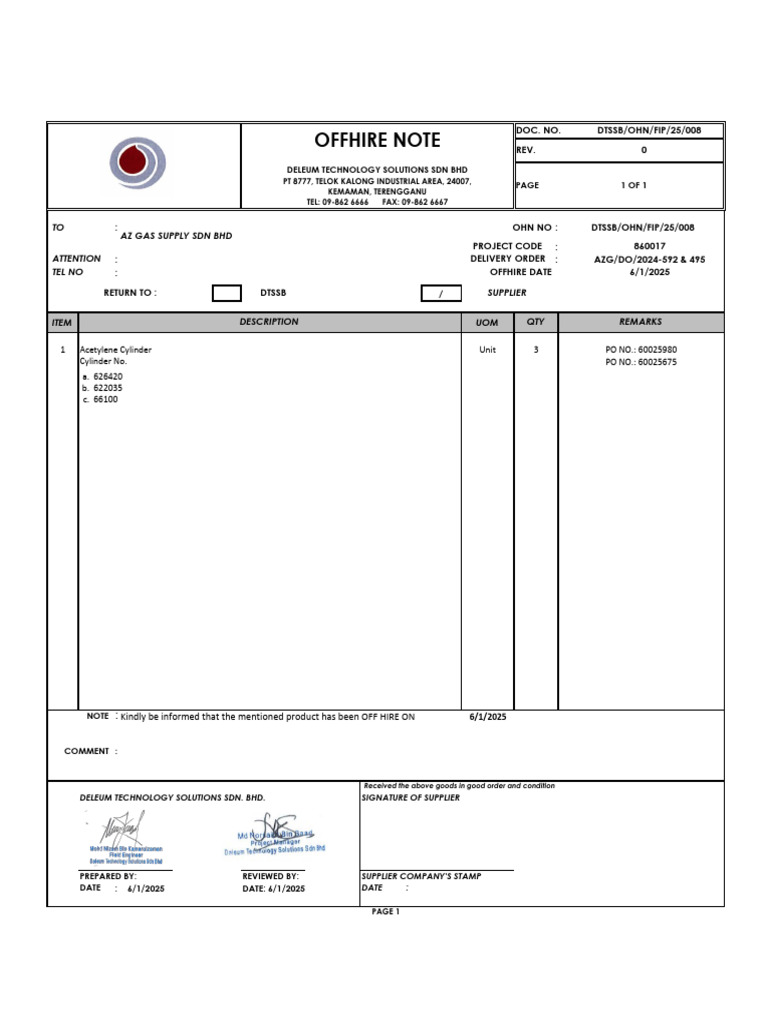 008 FIP OFFHIRE NOTE - Acetylene Cylinder - DFIP001 | PDF | Gases | Chemical Industry