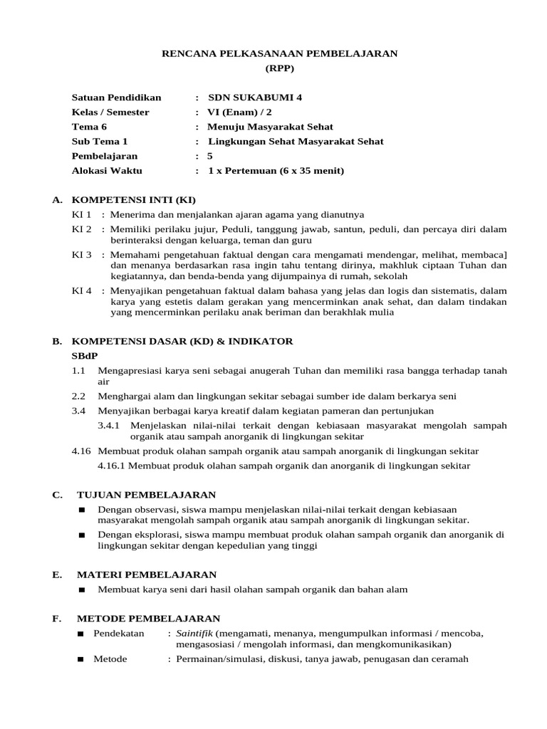 RPP SBDP ADIWIYATA Kls 6A SAMPAH ORGANIK | PDF