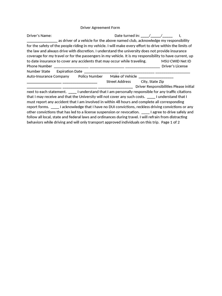 Driver Agreement Form | PDF