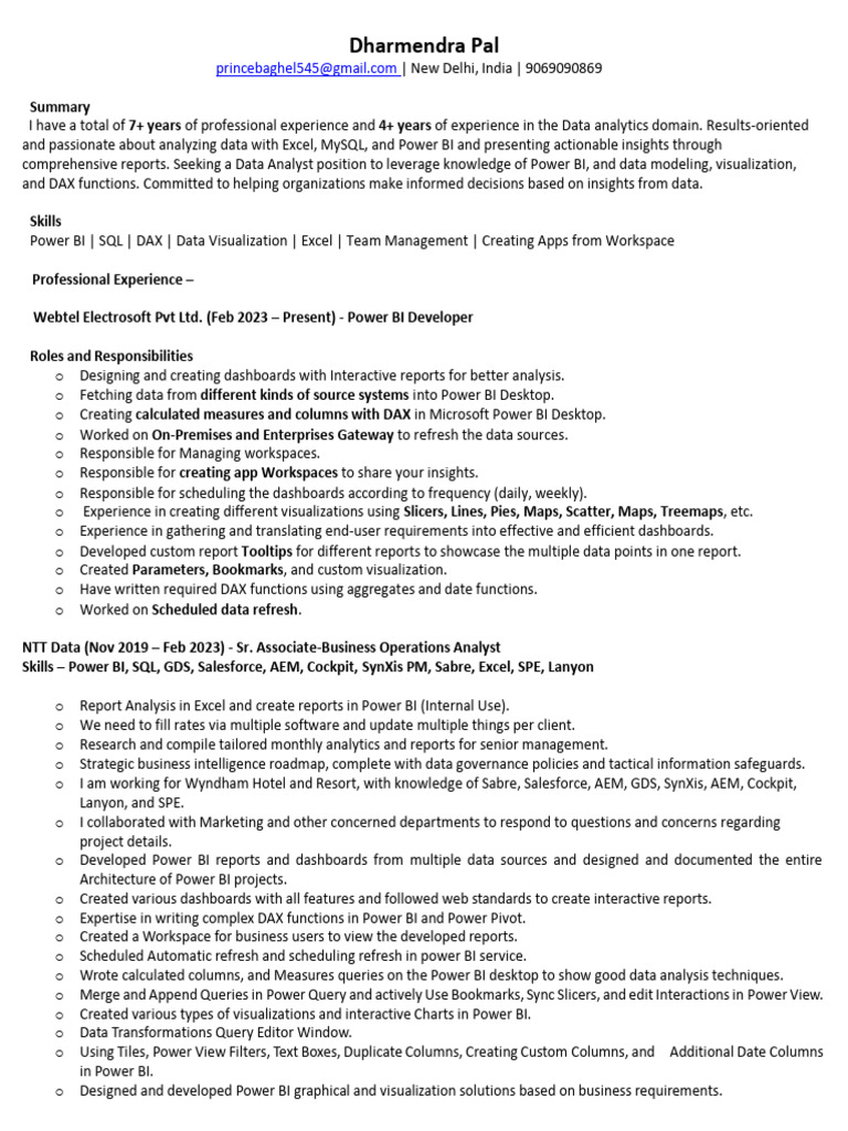 Dharmendra - Pal PowerBI 7+ Years | PDF | Microsoft Excel | Information ...