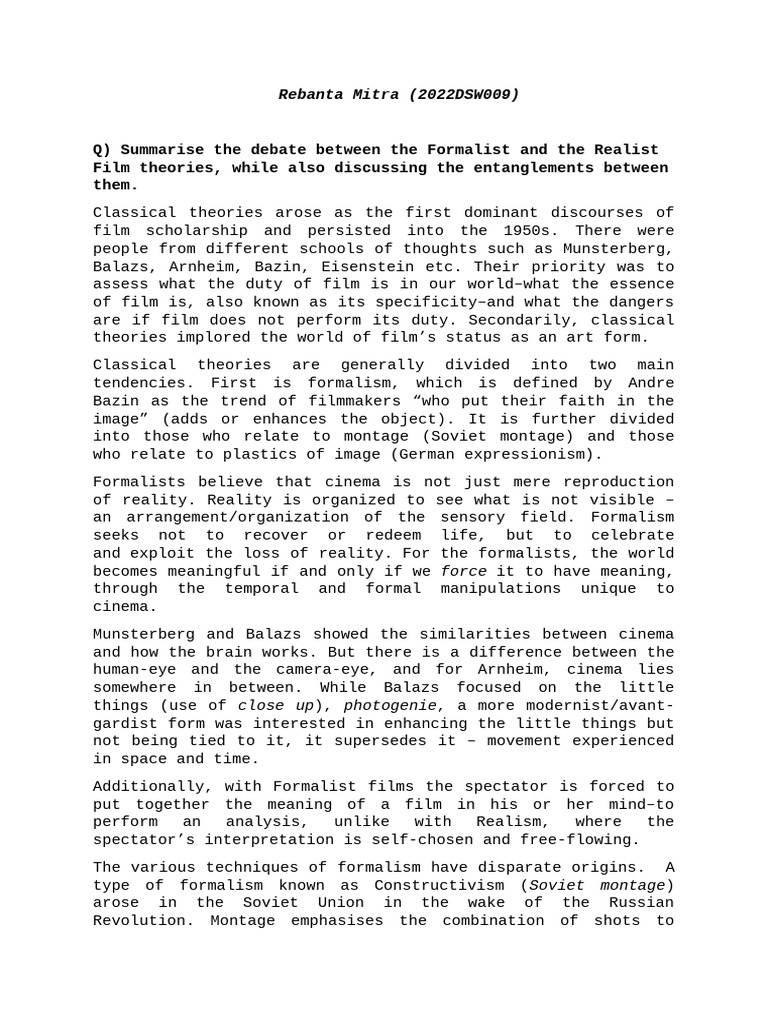 Formalism and Realism in Cinema | PDF | Realism (Arts) | Reality