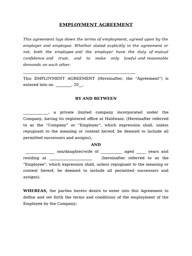 Employment Agreement | PDF | Employment | Indemnity