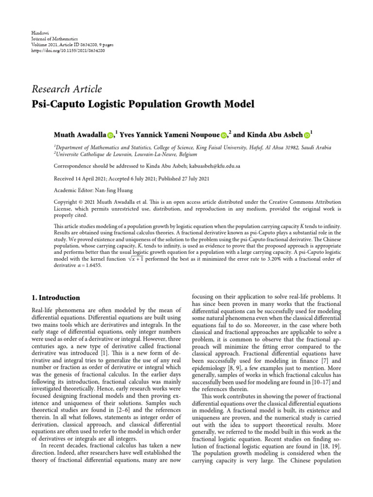 Psi-Caputo Logistic Population Growth Model | PDF | Mathematical ...