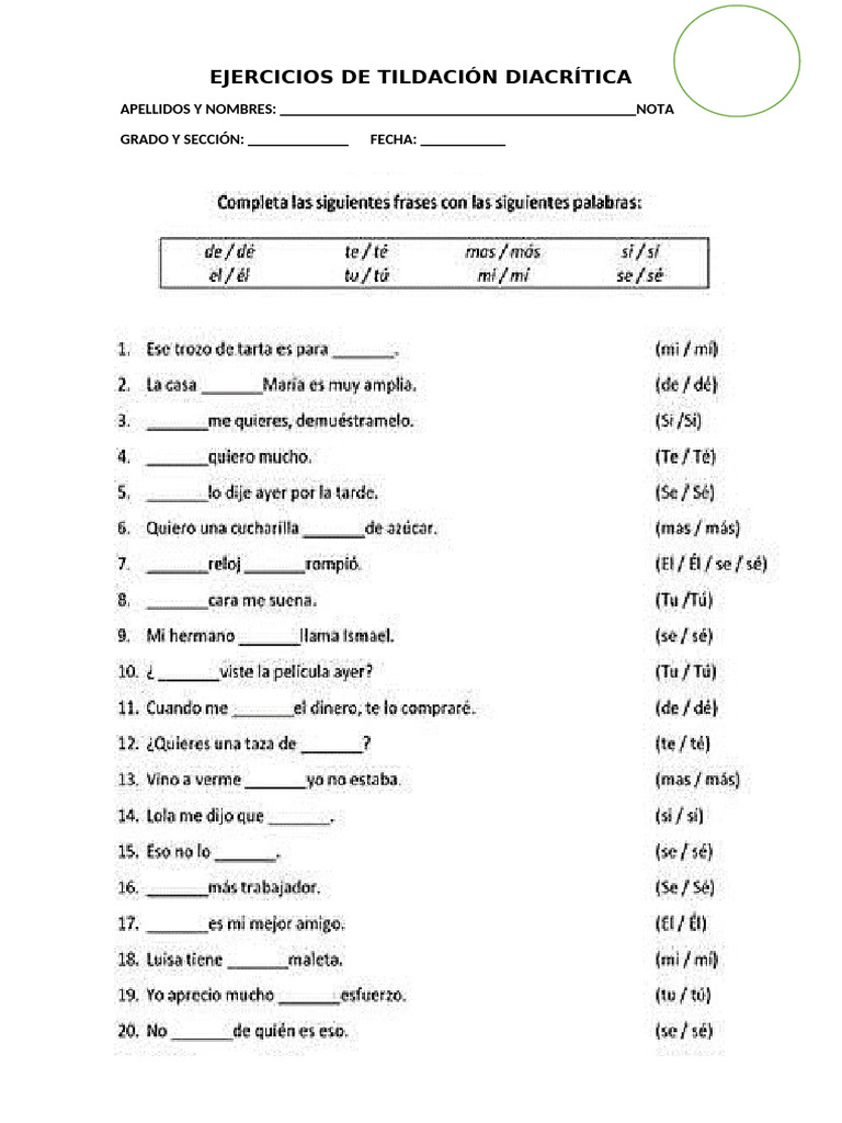 Ejercicios de Tildación Diacrítica | PDF