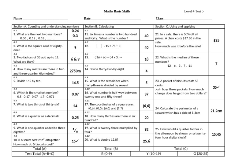 Level 4 Test 5 Answers | PDF | Mathematics | Arithmetic
