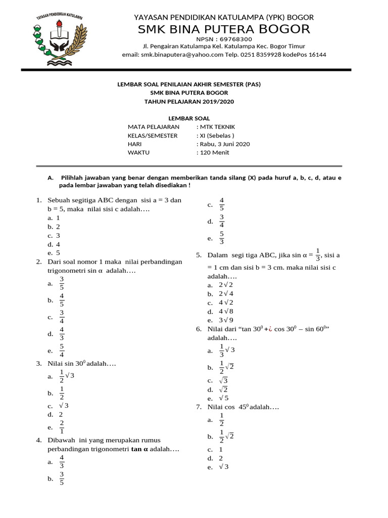 HABIBAH SOAL PAT 2019-2020 MATEMATIKA KELAS XI TEKNIK | PDF