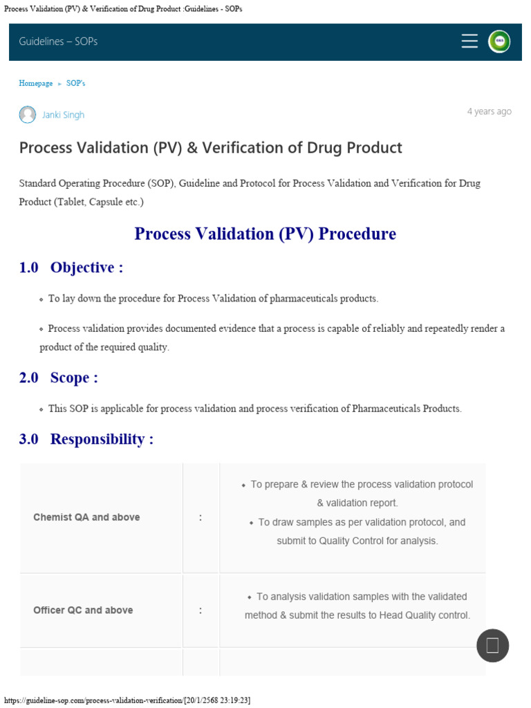 Process Validation (PV) Verification of Drug Product Guidelines - SOPs ...
