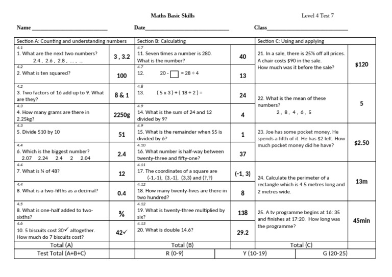 Level 4 Test 7 answers | PDF | Elementary Mathematics | Arithmetic