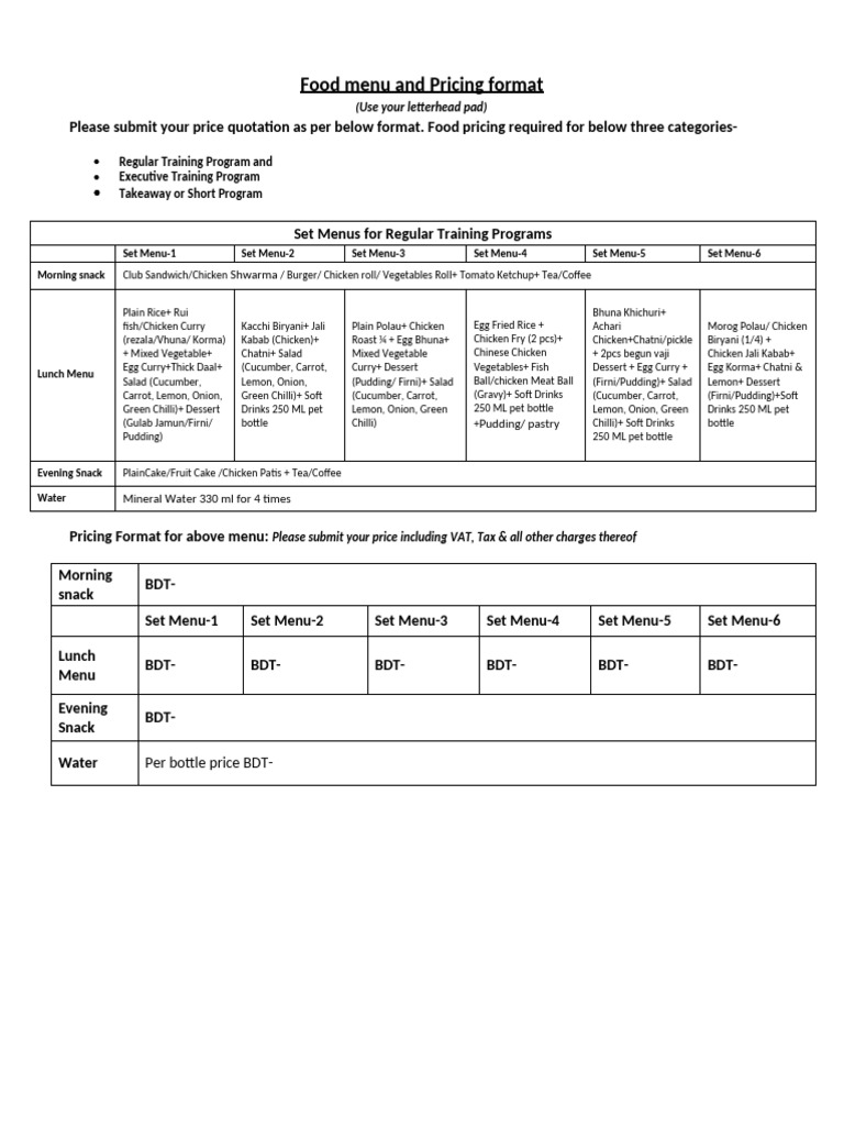Food Menu Pricing for Training Programs | PDF | Lunch | Curry