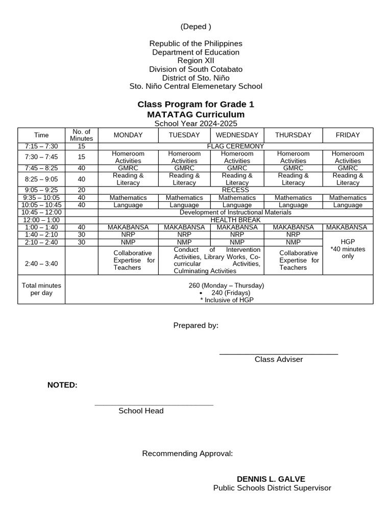 Class Program For Grade 1 Matatag Curriculum 2024 | PDF | Learning