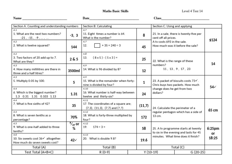 Level 4 Test 14 Answers | PDF | Mathematics
