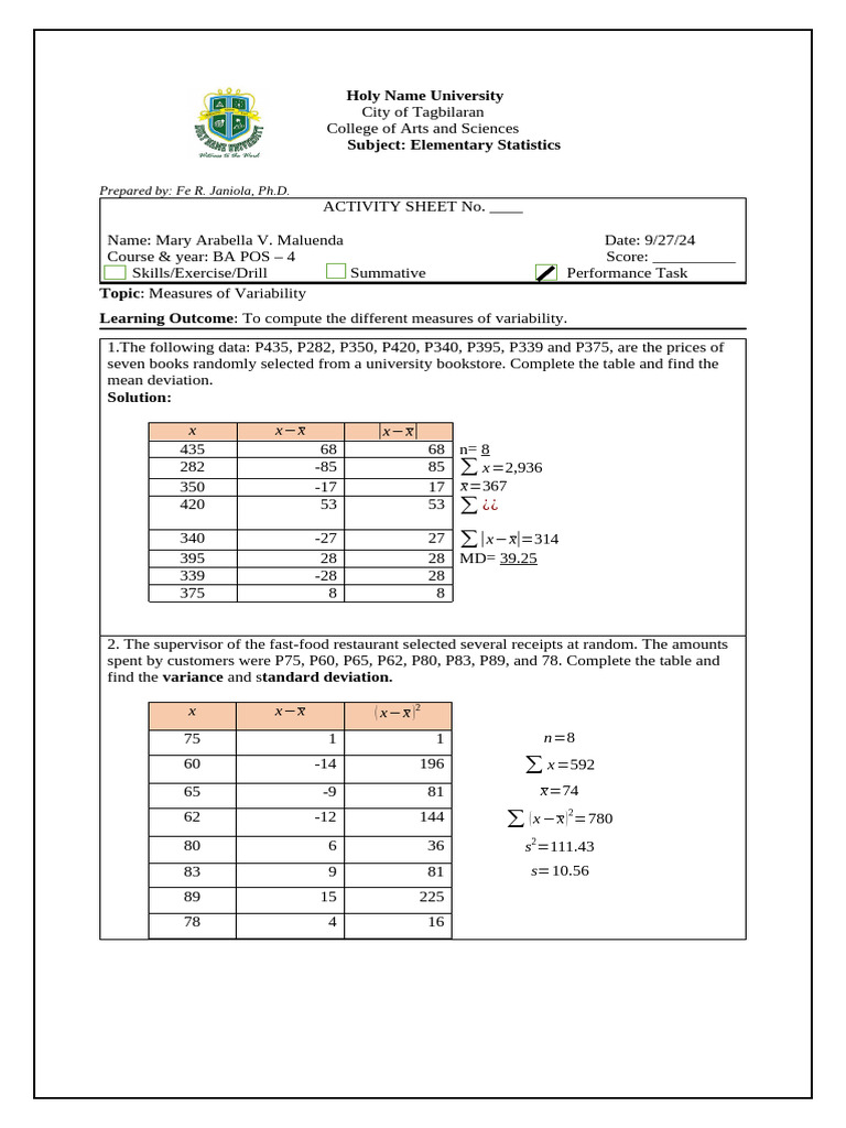Activity Sheet Measures of Variability | PDF