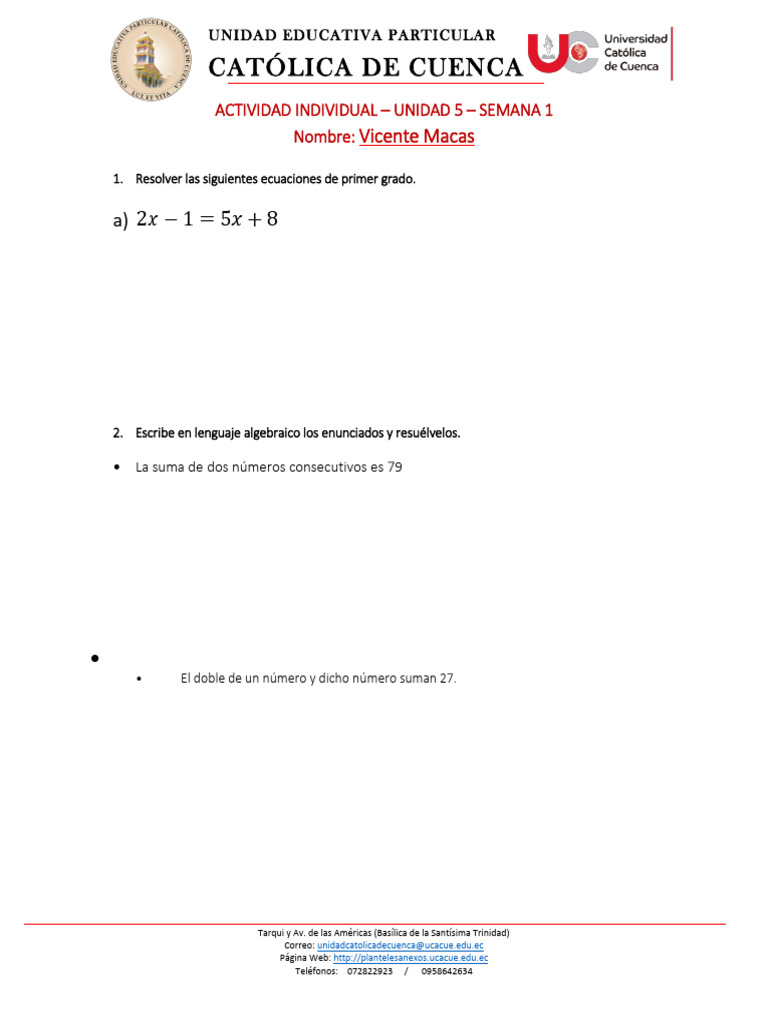 Actividad Individual - Unidad 5 - Semana 1 - Noveno | PDF