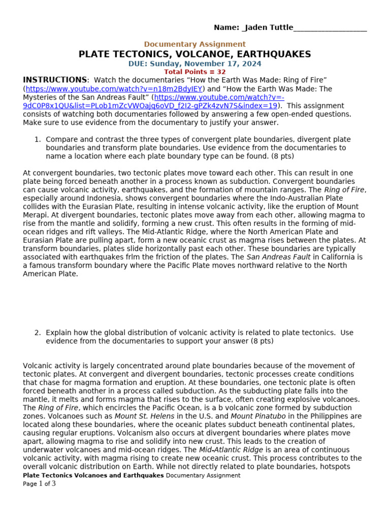Documentary Assignment-Plate Tectonics Volcanoes Earthquakes | PDF ...