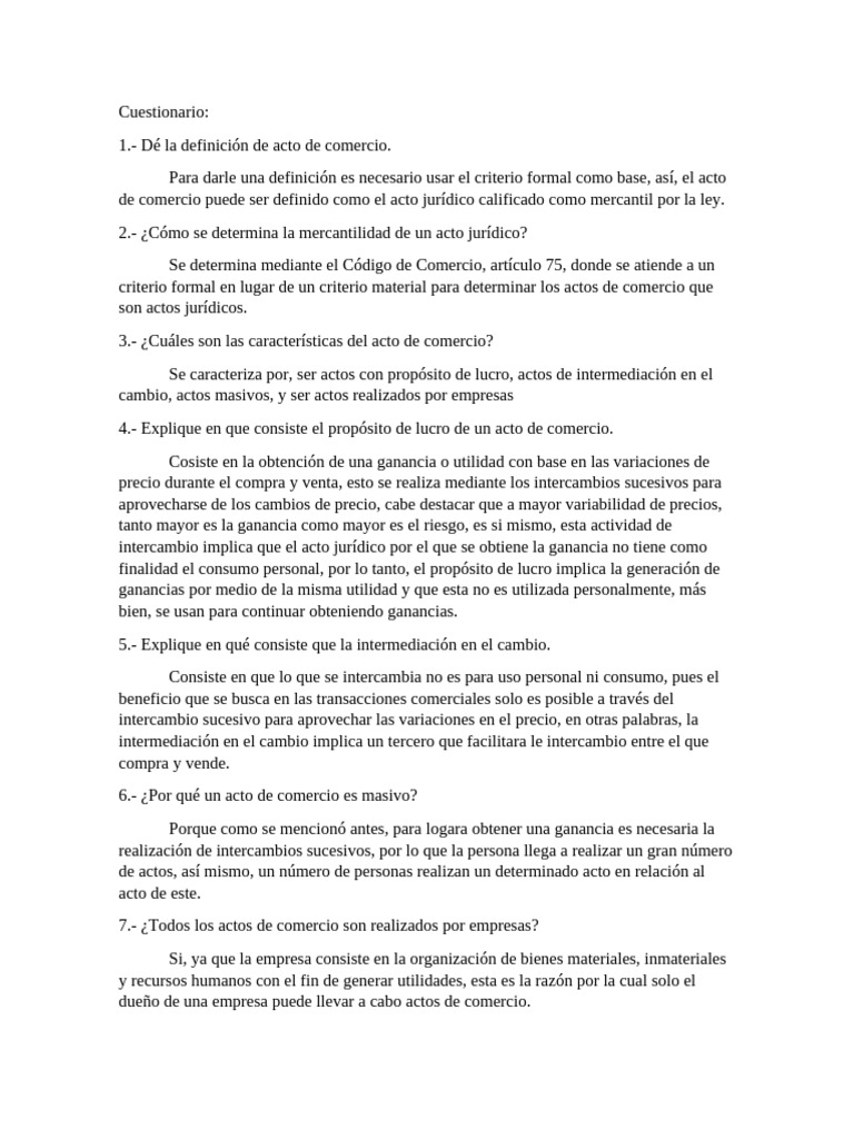Actos de Comercio Cuestionario | PDF | Comercio | Precios