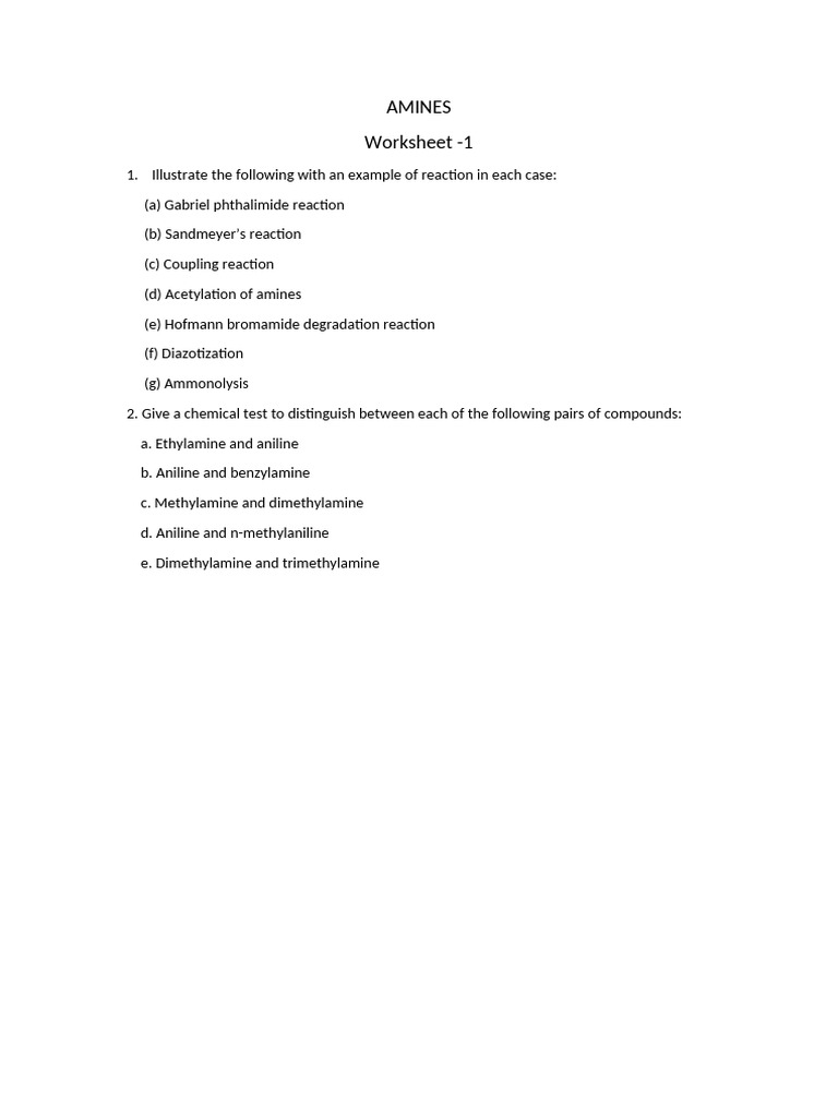 Amines Worksheet 1 | PDF