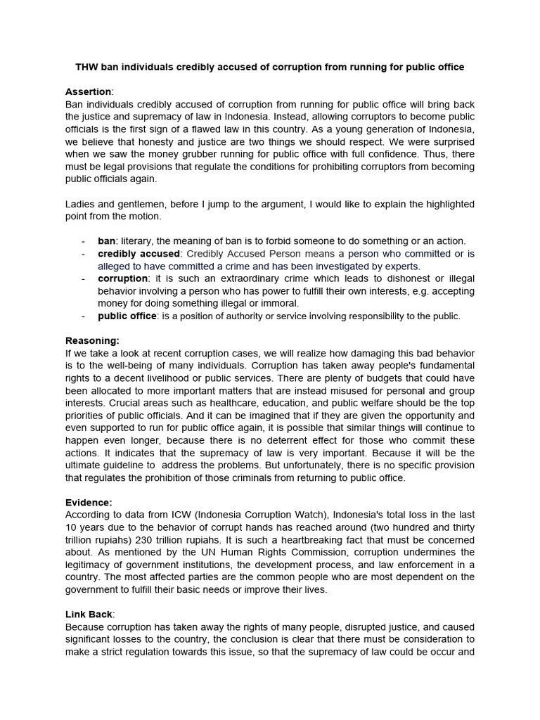 English Debate Opening Government Example | PDF | Political Corruption ...