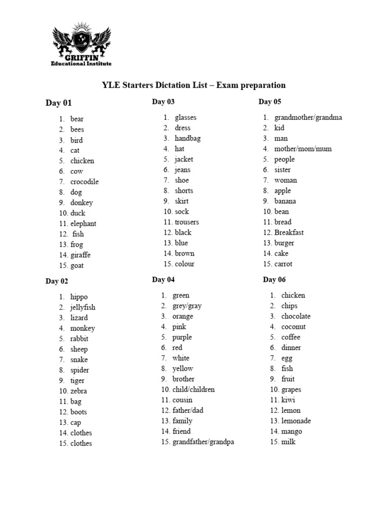 YLE Starters Dictation List - Exam Prep | PDF