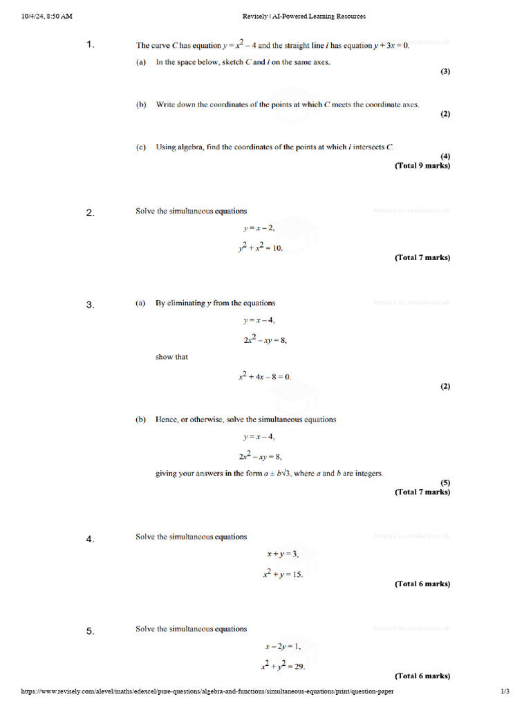 Simultaneous Equations Exams Q's | PDF