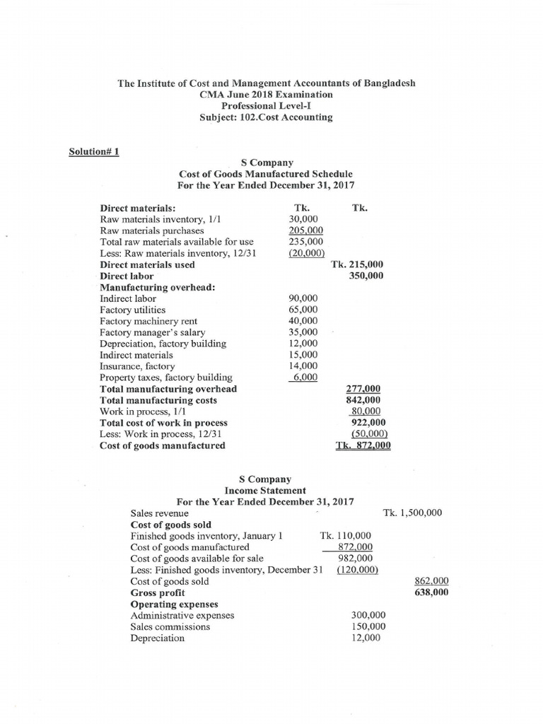 Solution CMA June 2018 Exam | PDF