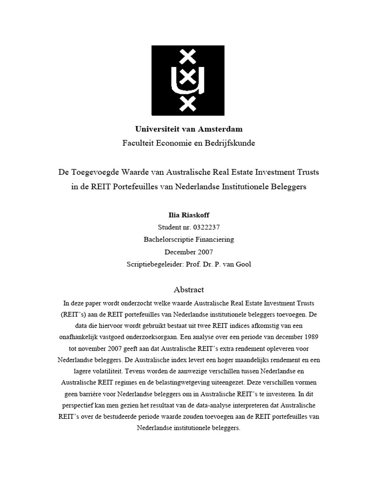 Master Thesis - de Toegevoegde Waarde Van Australische REITs in de REIT ...