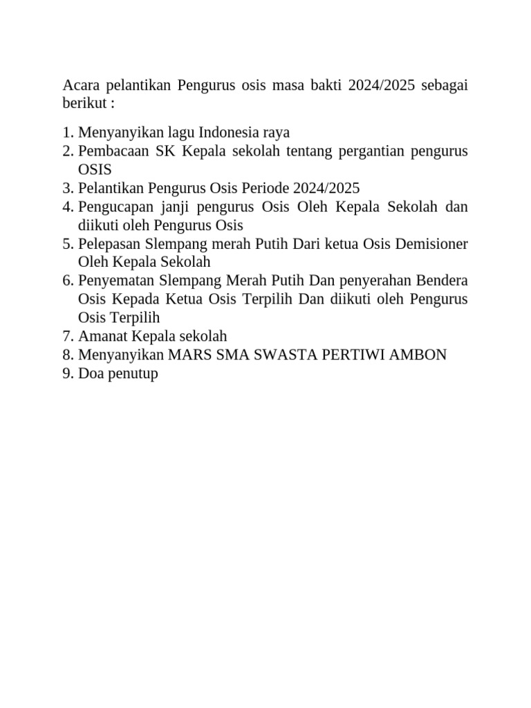 Susunan Acara Pelantikan Pengurus Osis Masa Bakti 2024 | PDF